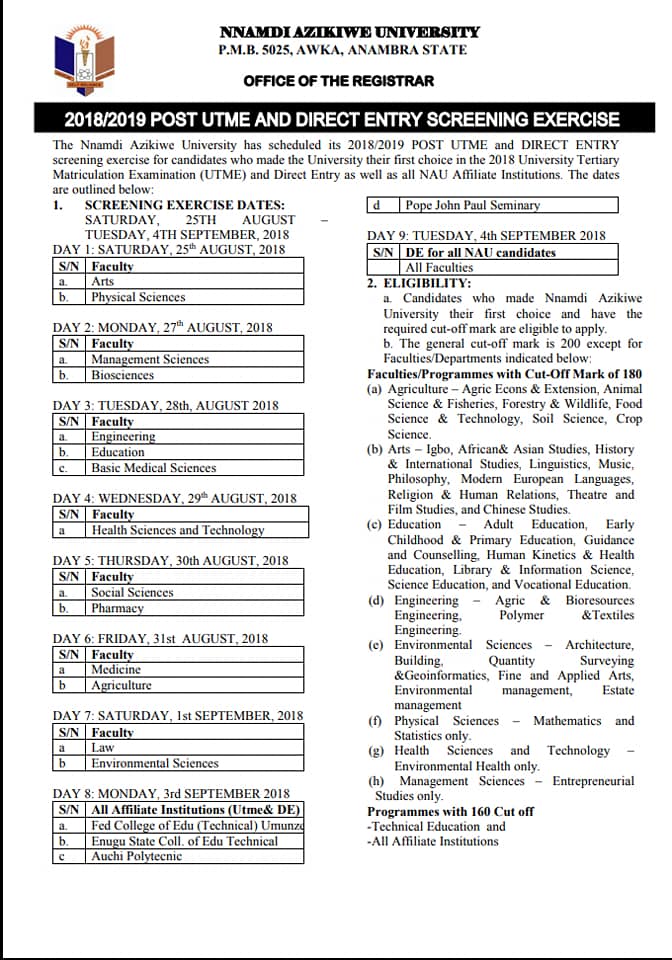 2018/2019 UNIZIK POST UTME/DIRECT ENTRY SCREENING EXERCISE – Nnamdi ...