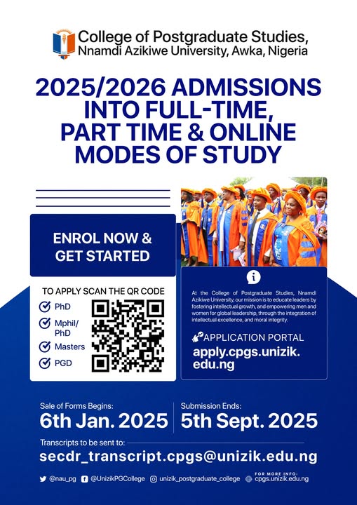 Supplementary Admissions Into Unizik Postgraduate Programmes. - Nnamdi ...